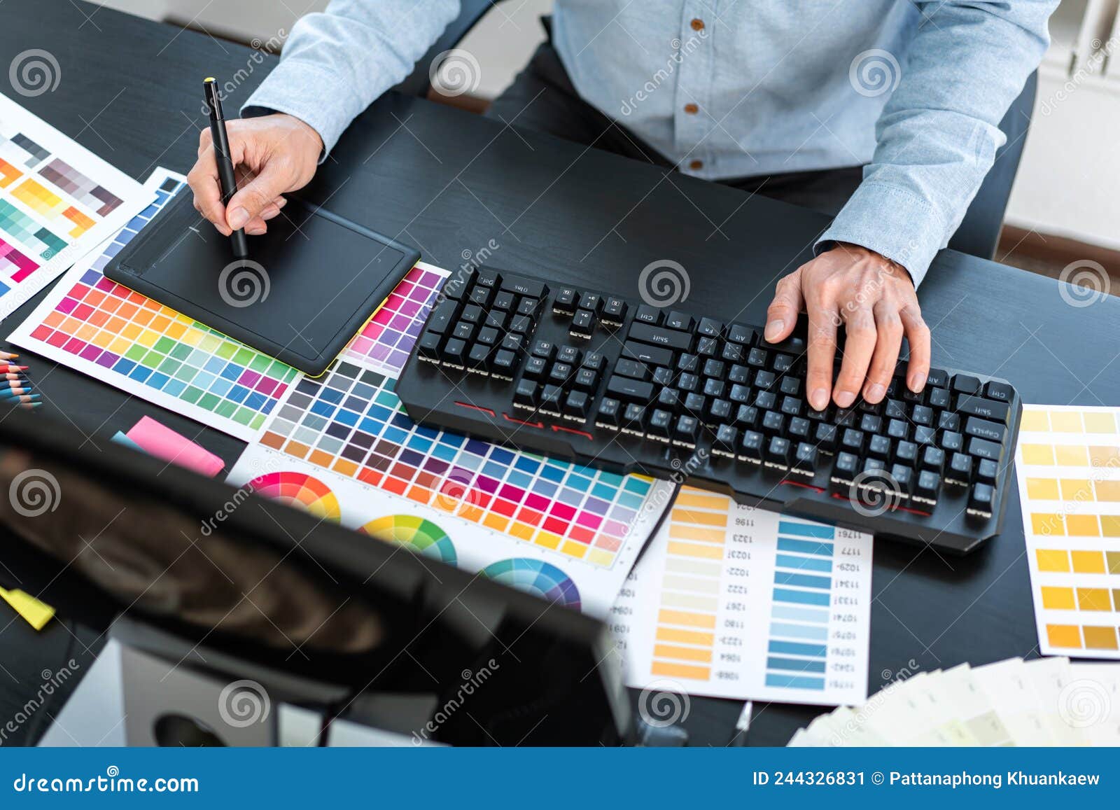 Young Creative Graphic Designer Working on Color Selection and Drawing ...