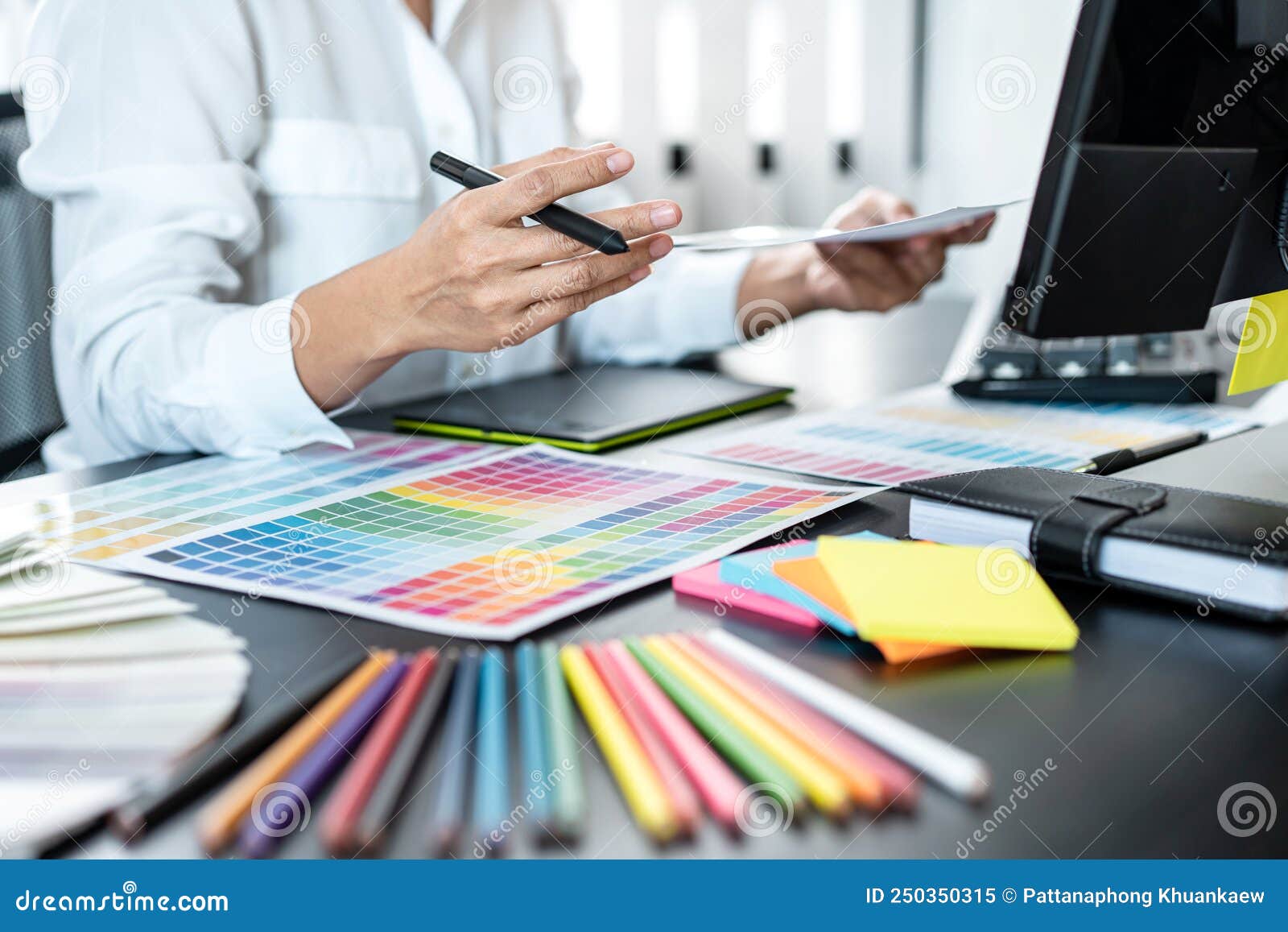 Young Creative Graphic Designer Working on Color Selection and Drawing ...