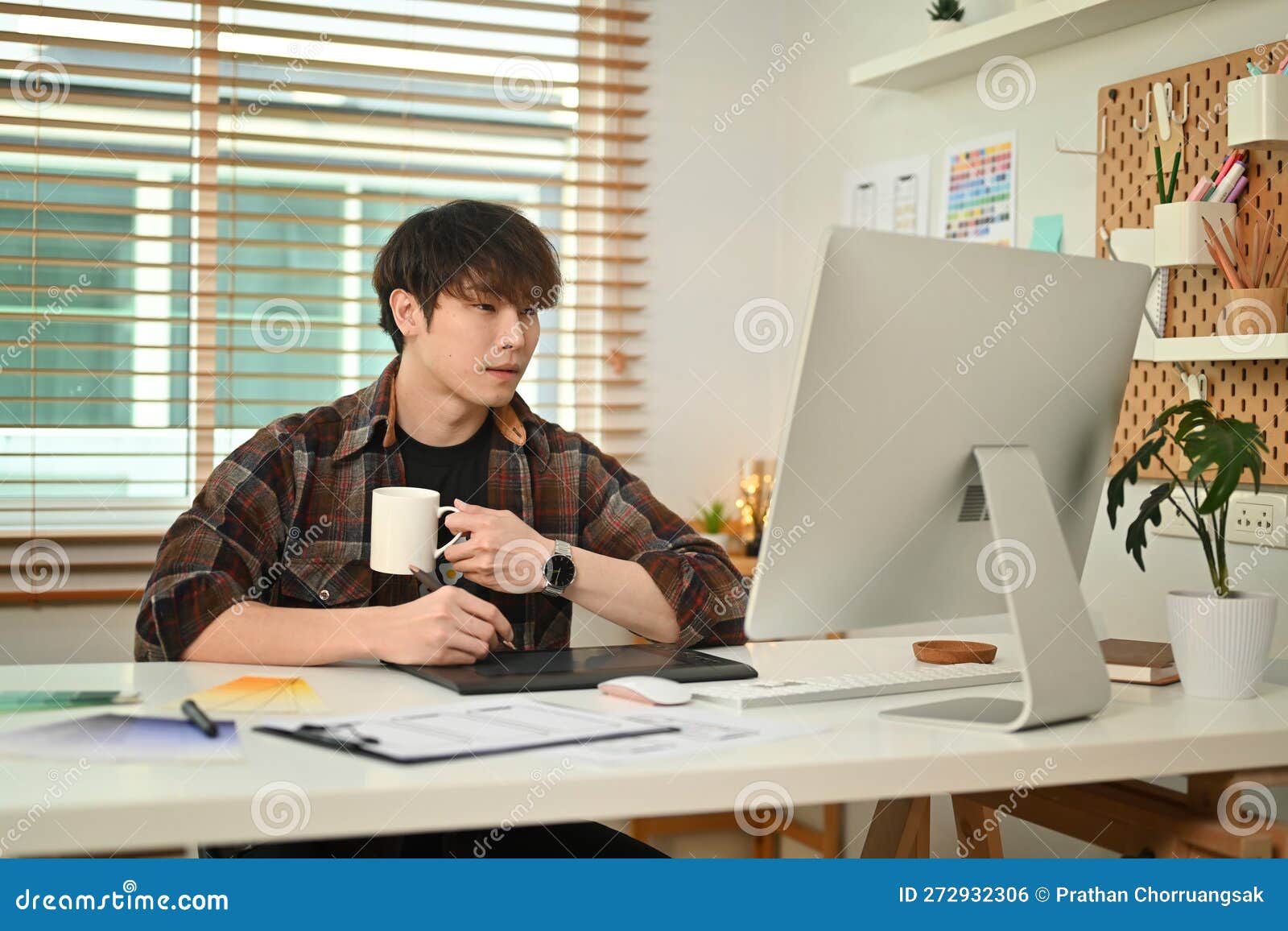 Young Creative Man Looking at Computer Screen, Planning Application ...