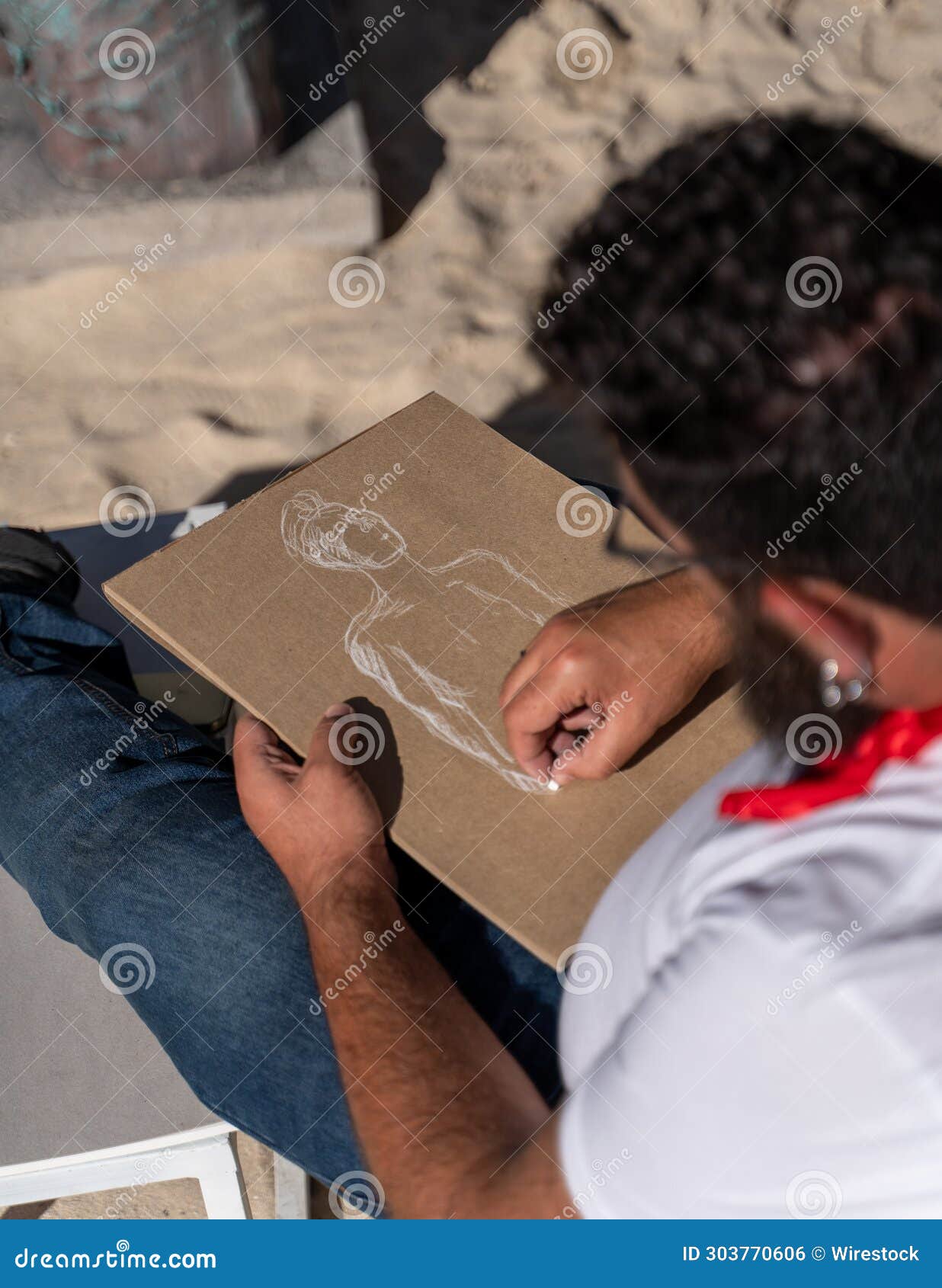 Young Creative Person Creating Artwork on a Sandy Beach Stock Photo ...