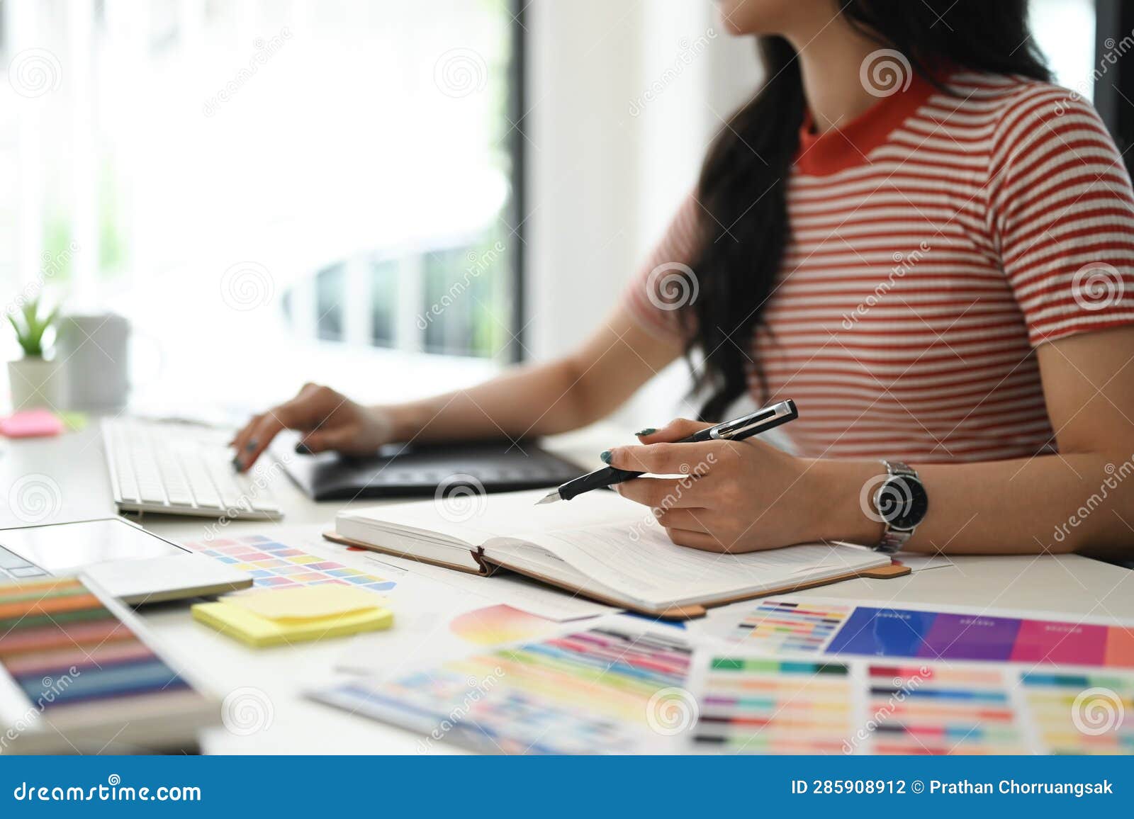 Young Creative Woman Working with Color Palette, Choosing Color Samples ...