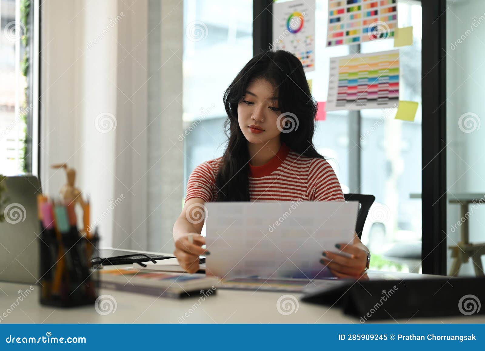 Young Creative Woman Working with Color Palette, Choosing Color Samples ...