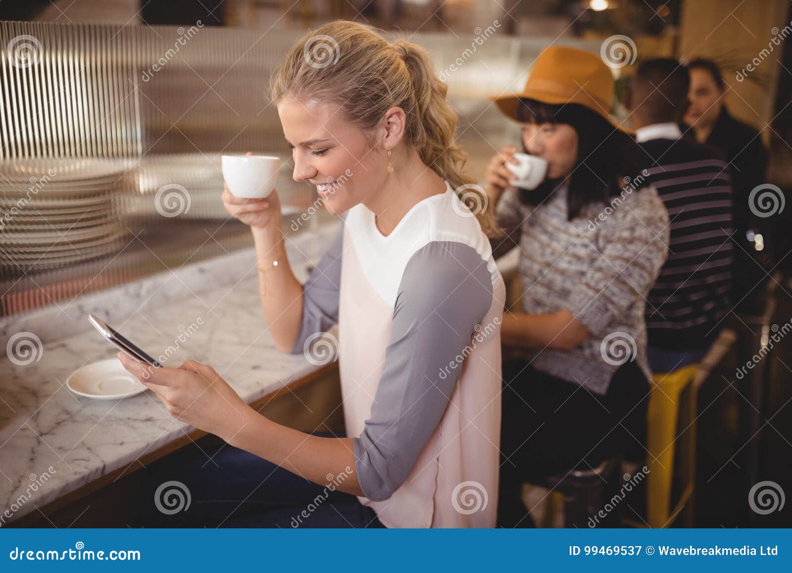 Young Customers Drinking Coffee at Cafe Stock Image - Image of ...