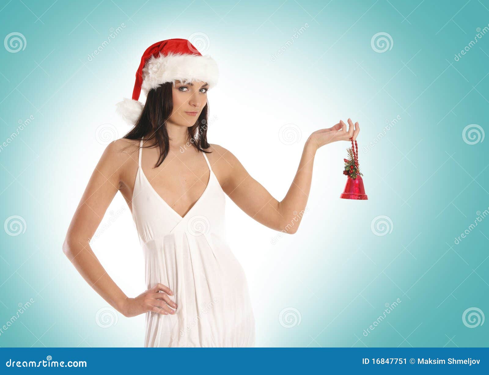 A Young And Cute Brunette Girl In A Christmas Hat Stock Image Image