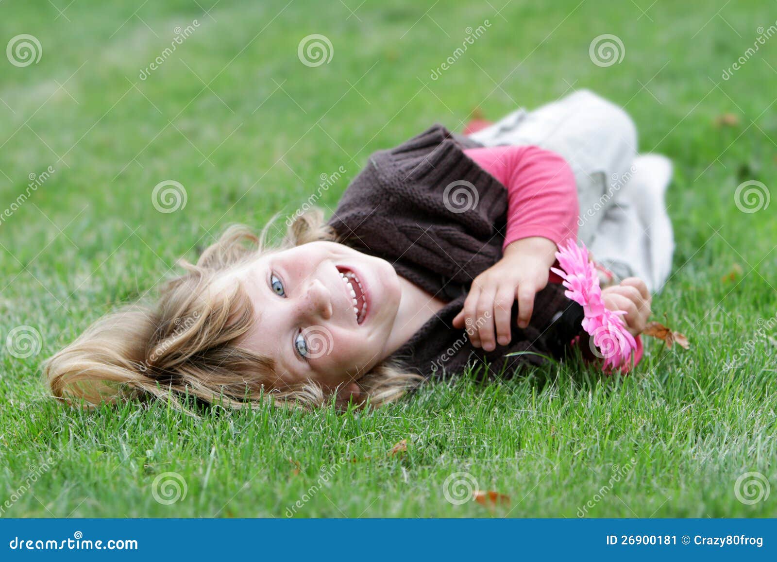 Young Cute Girl on Green Grass Stock Image - Image of people, fall ...
