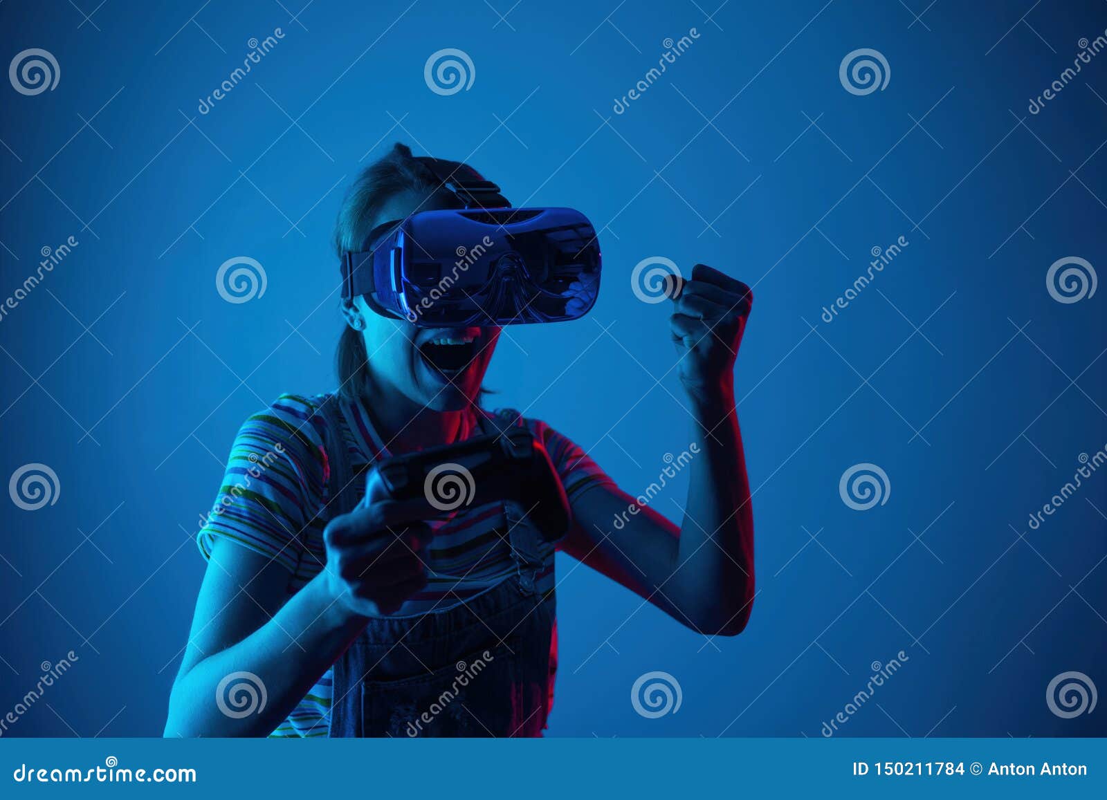 Young Cute Girl Playing Vr. with Creative Blue-red Light Stock Photo ...