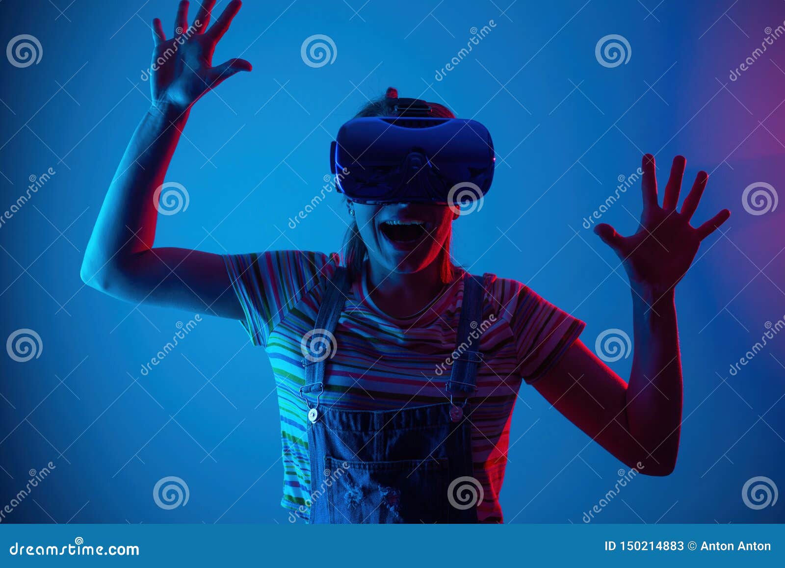 Young Cute Girl Playing Vr. with Creative Blue-red Light Stock Image ...