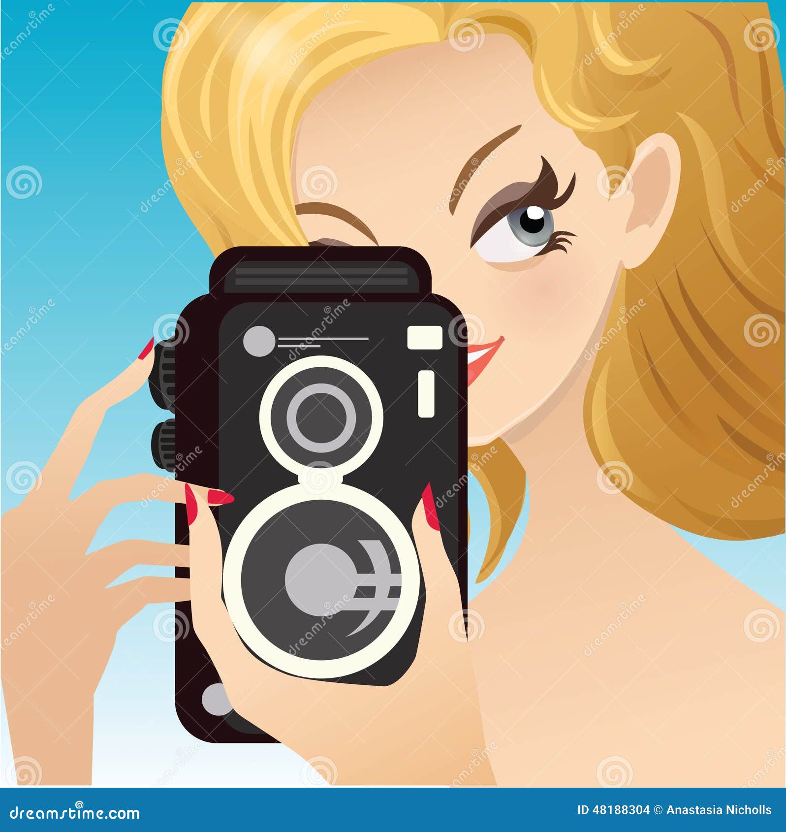 Young Cute Woman Holding the Camera, while Stock Vector - Illustration ...