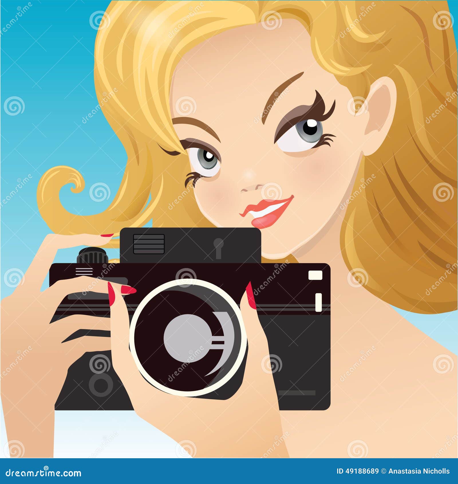 Young Cute Woman Holding the Camera, while Stock Vector - Illustration ...