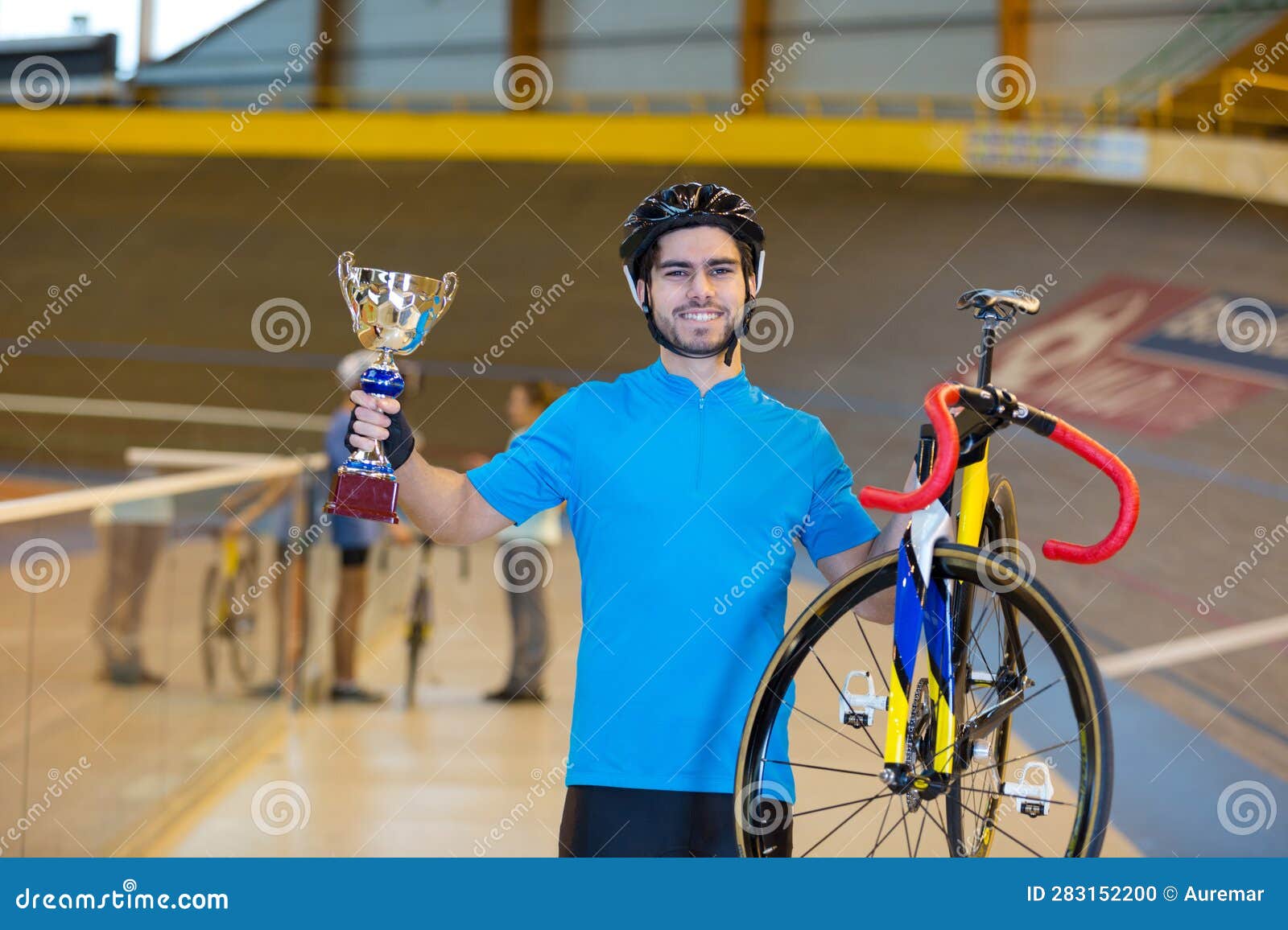 Young Cyclist Holding Bicycle and Trophy Stock Photo - Image of achieve ...