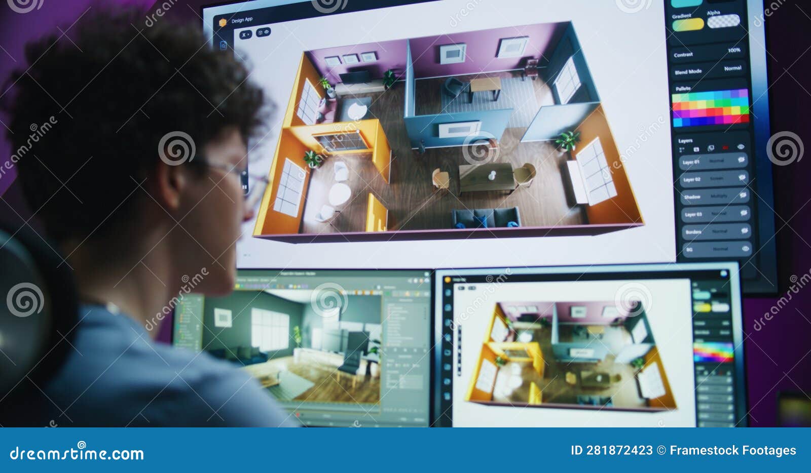 Young 3D Designer Works on Interior Design Project on PC Stock Image ...