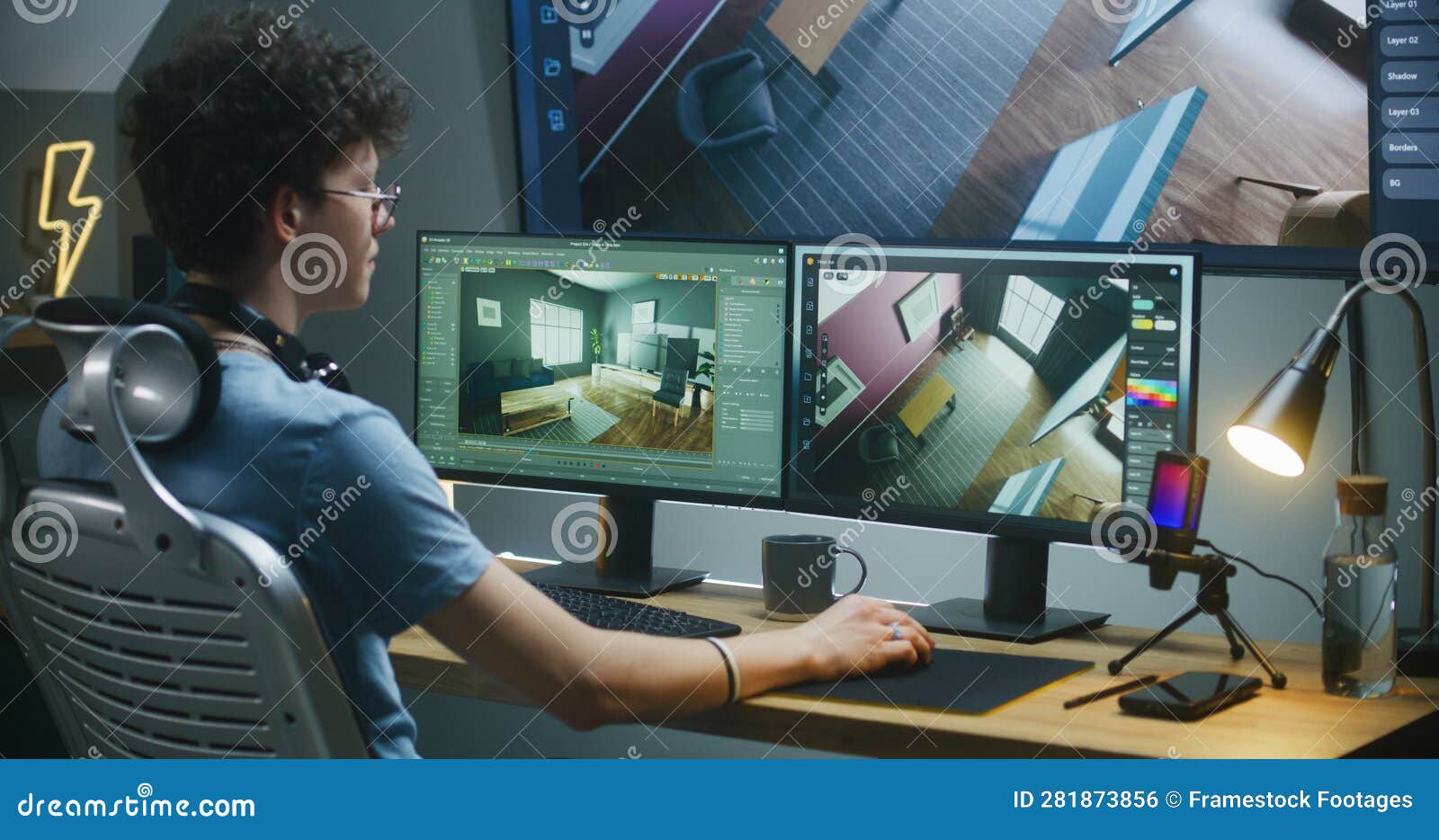 Young 3D Designer Works on Interior Design Project on PC Stock Photo ...