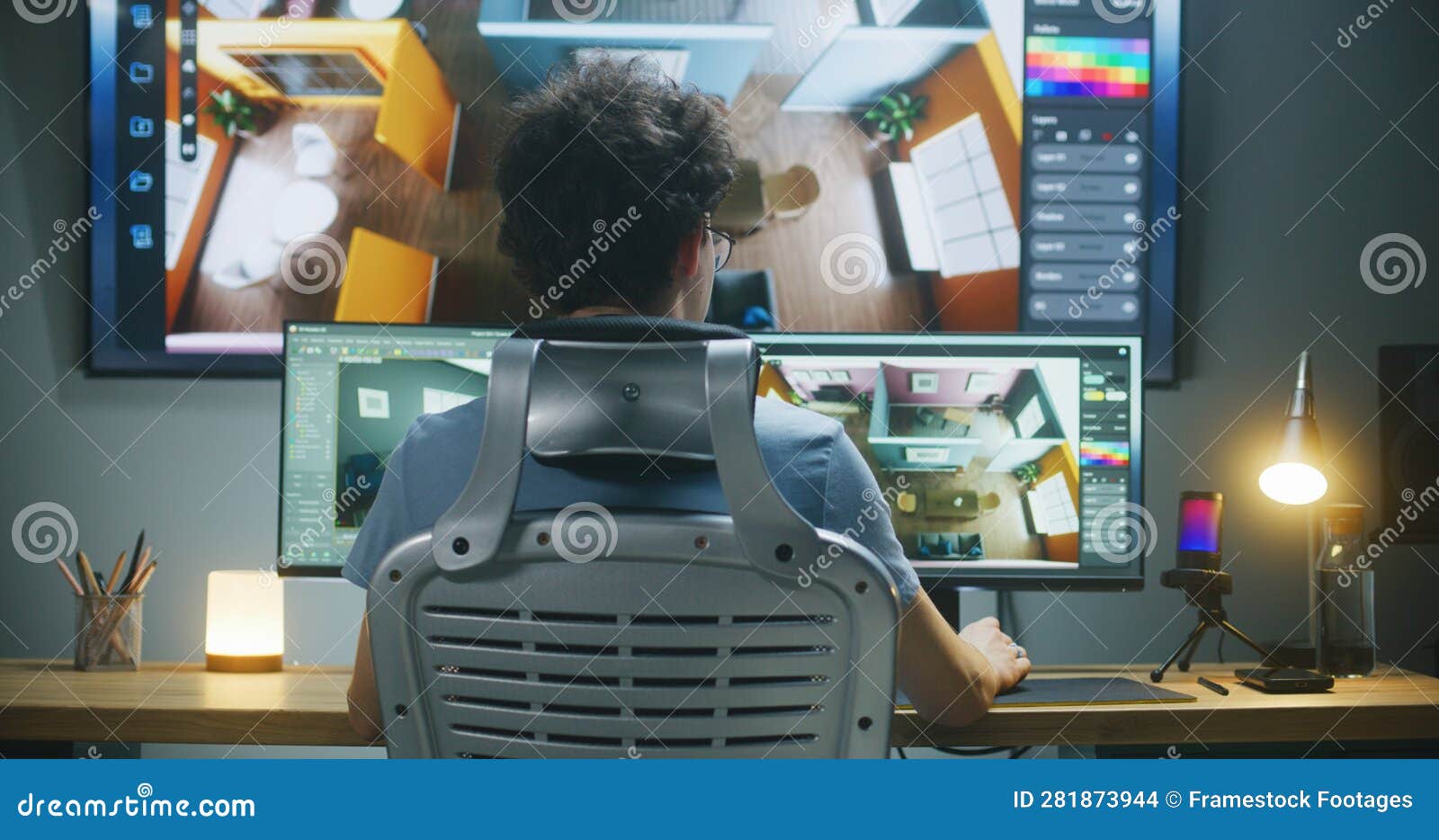 Young 3D Designer Works on Interior Design Project on PC Stock Photo ...