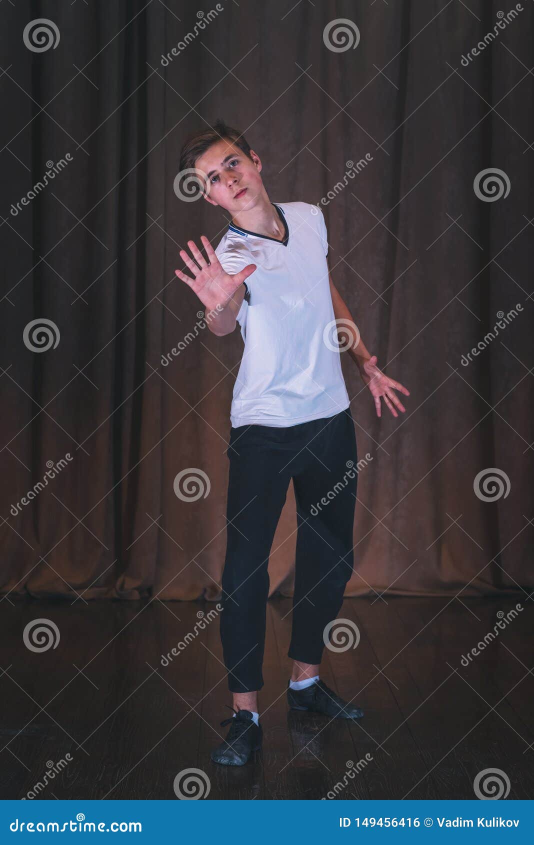 Young Dancer Guy Rehearsing on Stage, Dance Elements Stock Photo ...