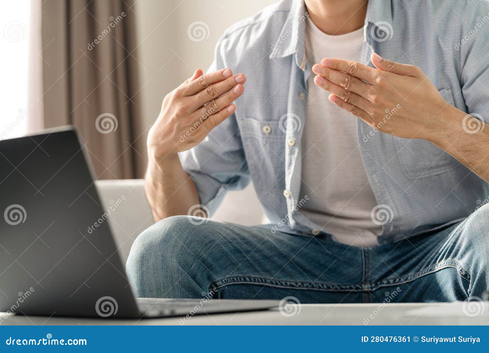 Young Deaf Man Using Laptop Computer for Online Video Conference Call ...