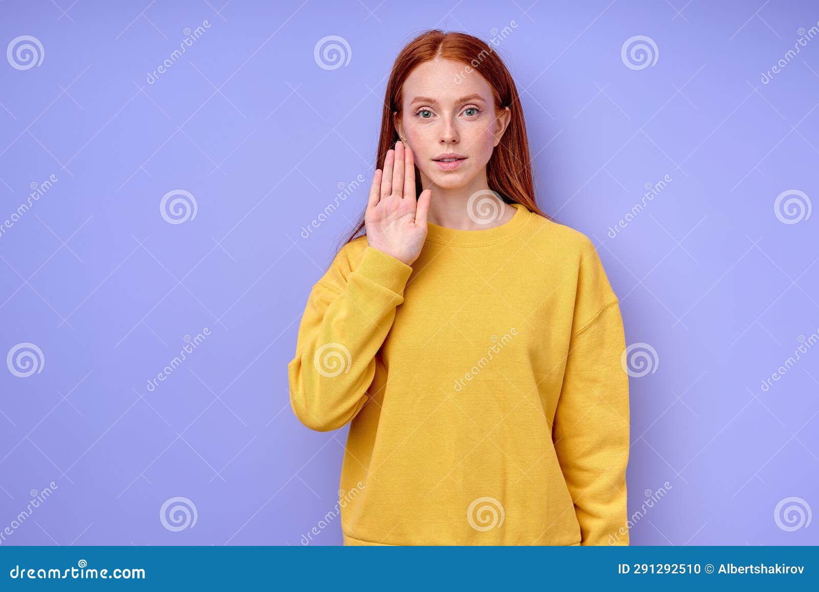 Young Deaf Mute Red-haired Woman Using Sign Language on Blue Background ...