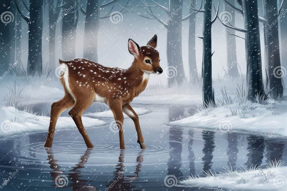 Young Deer in Snowy Forest by a Stream in Winter Stock Image - Image of ...
