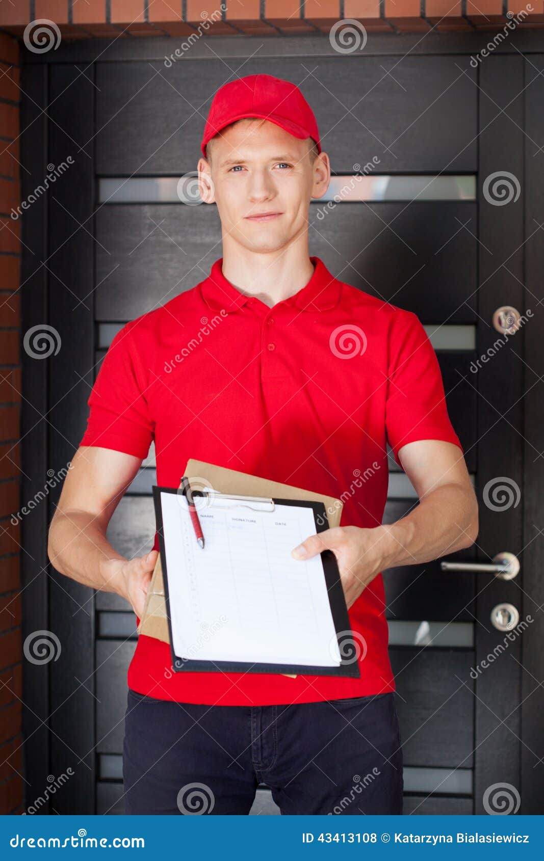 Young Delivery Man with Clipboard and Package Stock Photo - Image of ...