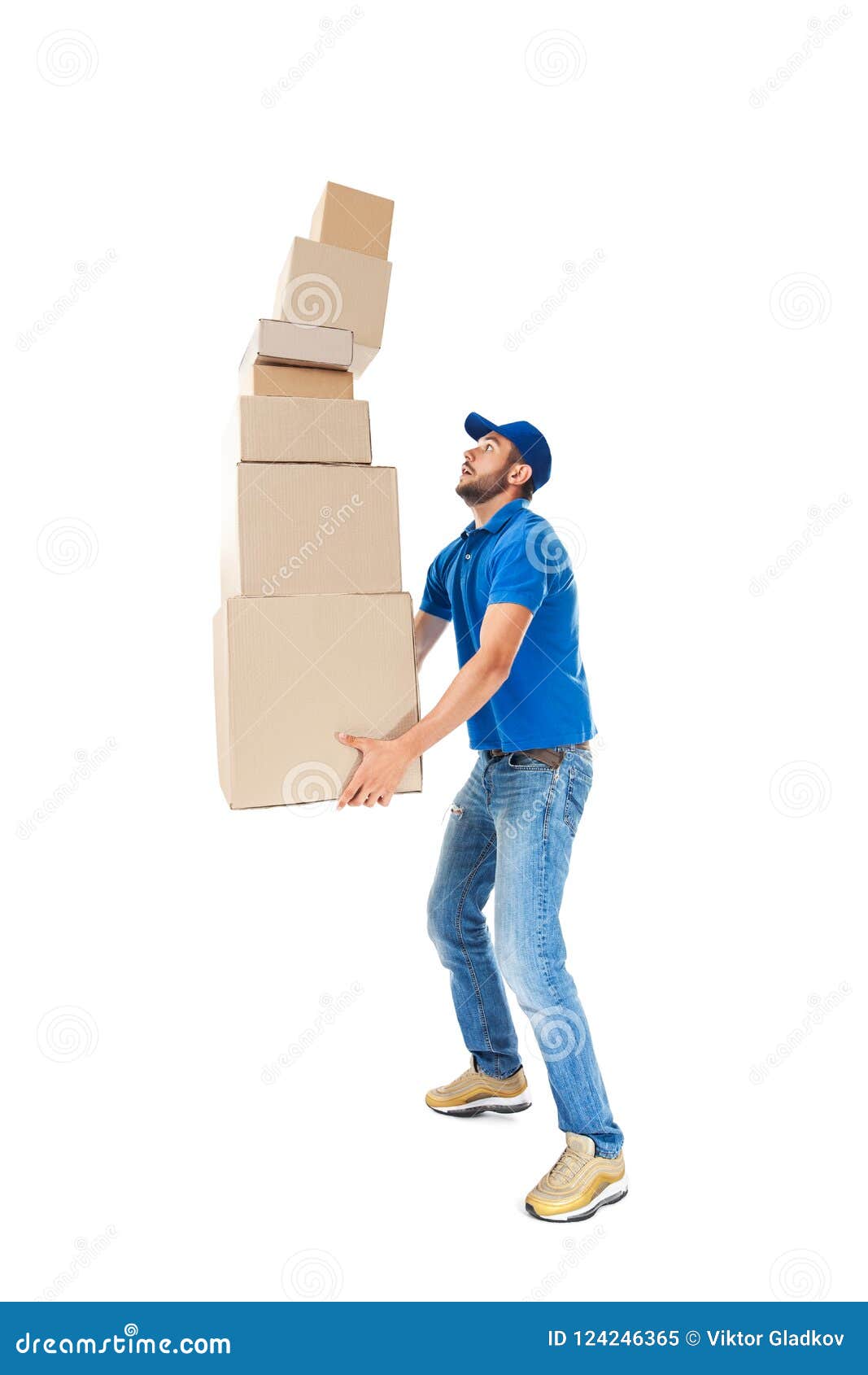 Delivery Man With Falling Boxes On Yellow Background Royalty-Free Stock ...