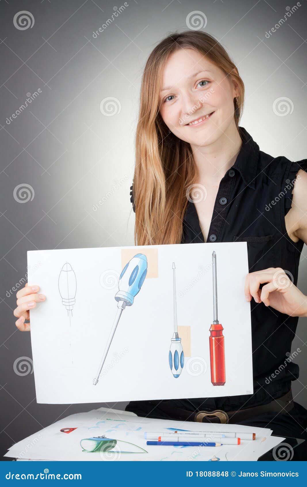 Young Design Engineer Woman Shows a Design Plan Stock Photo - Image of ...