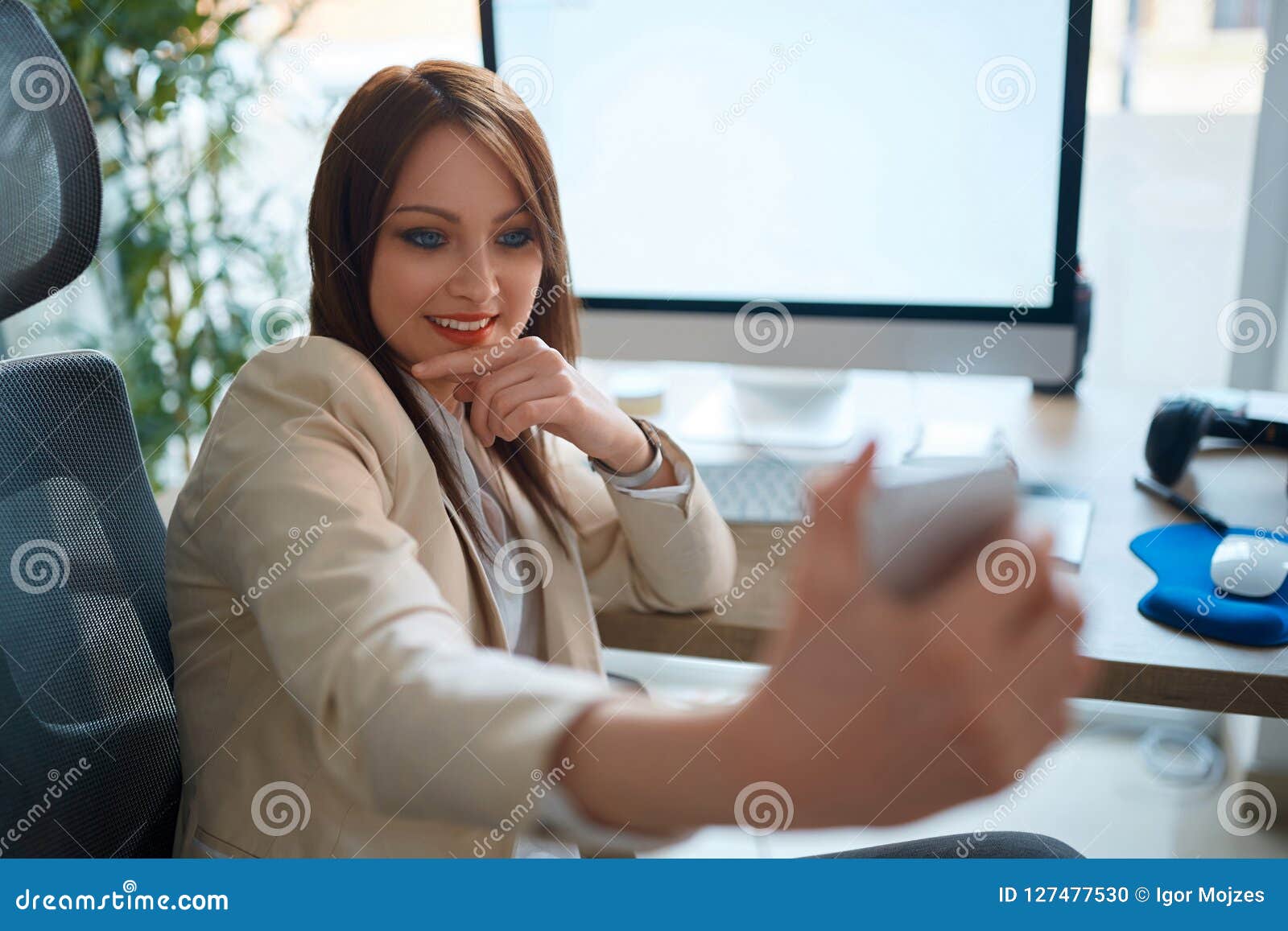 Young Designer Woman Making Selfie while Working on Computer Stock ...
