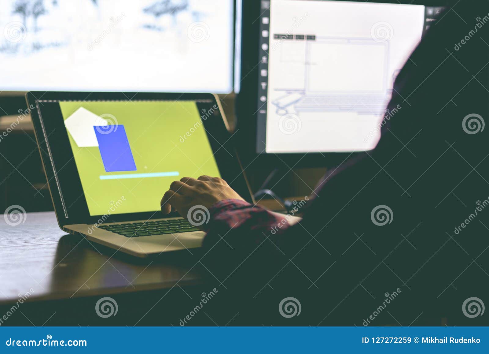 Young Designer Working on the New Concept Using Desktop Pc at Home F ...