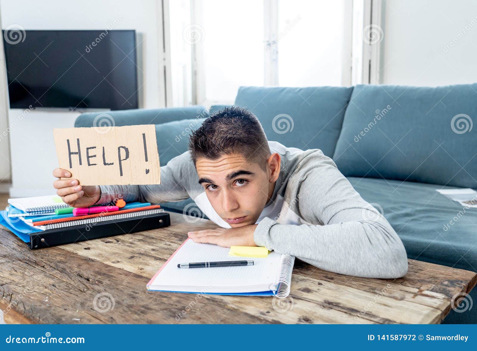 Young Desperate Student in Stress Working and Studying Holding a Help ...