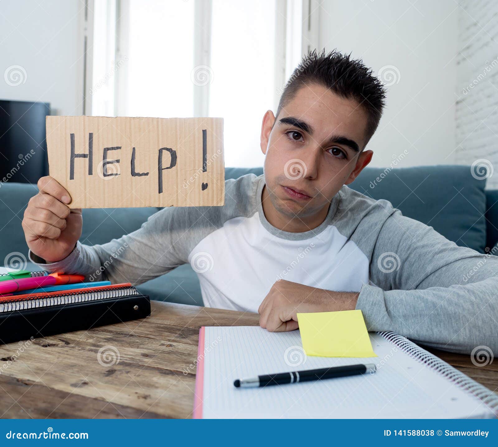 Young Desperate Student in Stress Working and Studying Holding a Help ...