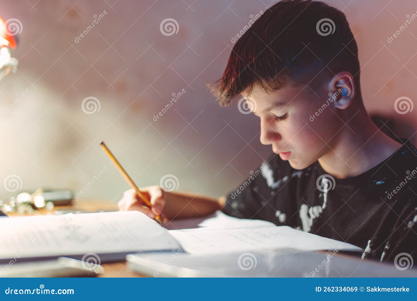 Diligent Caucasian Boy Thinking while Doing Homework at Evening Stock ...