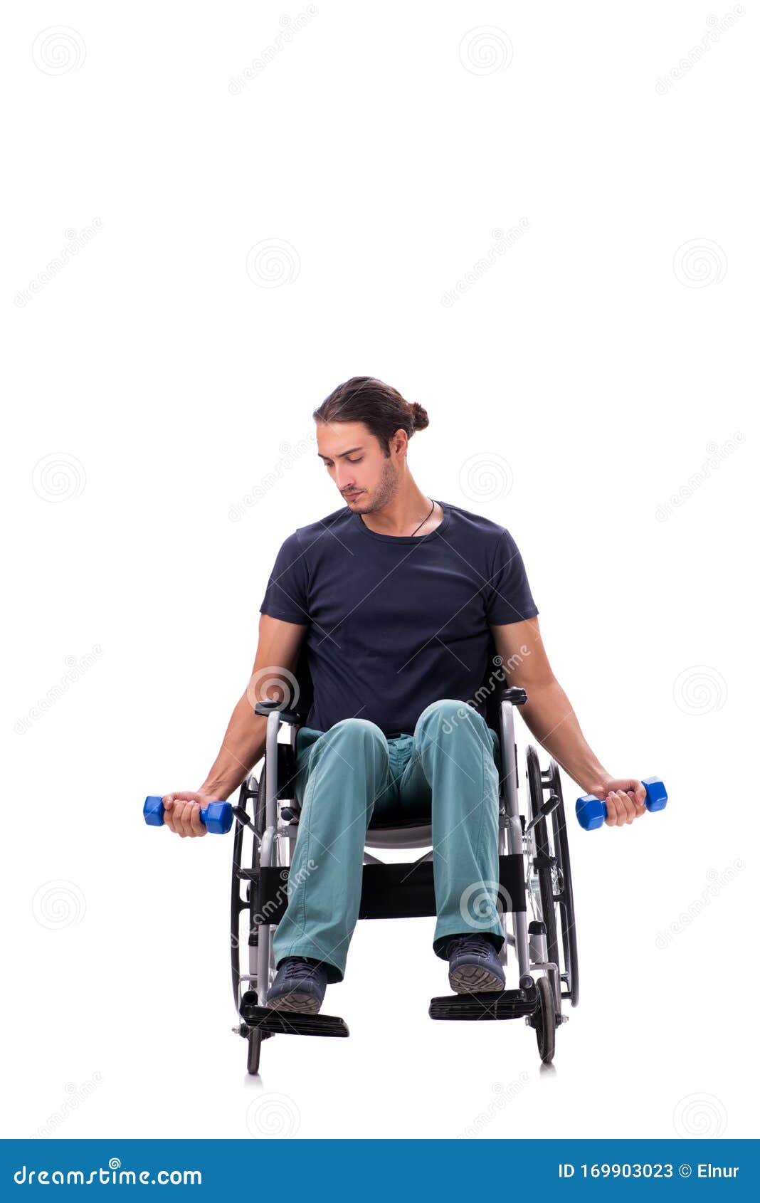 Young Disabled Man Doing Physical Exercises Isolated on White Stock ...