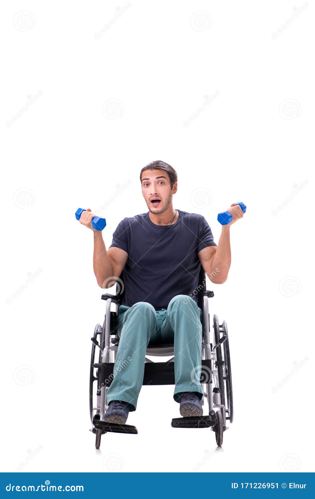 Young Disabled Man Doing Physical Exercises Isolated on White Stock ...