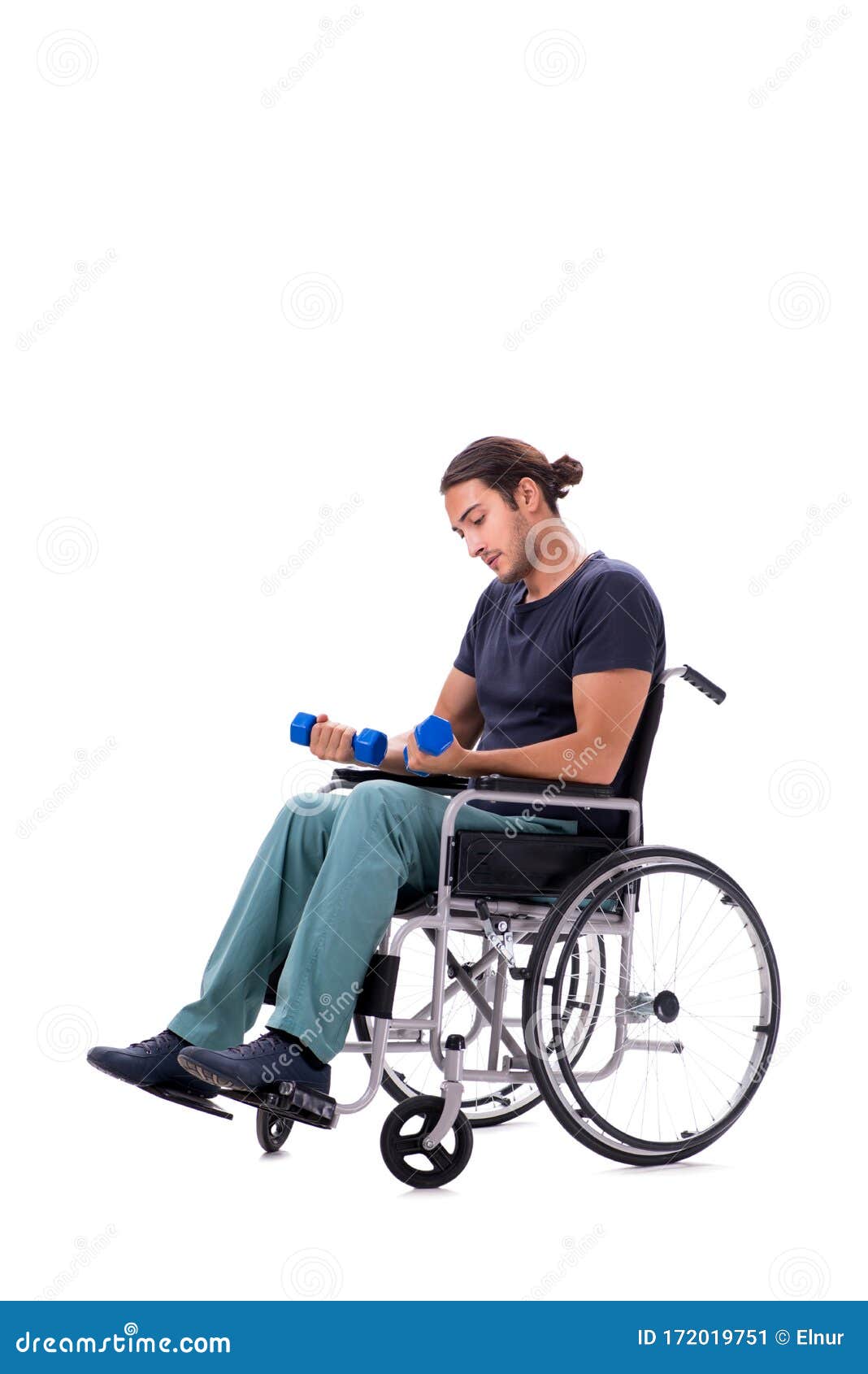 Young Disabled Man Doing Physical Exercises Isolated on White Stock ...