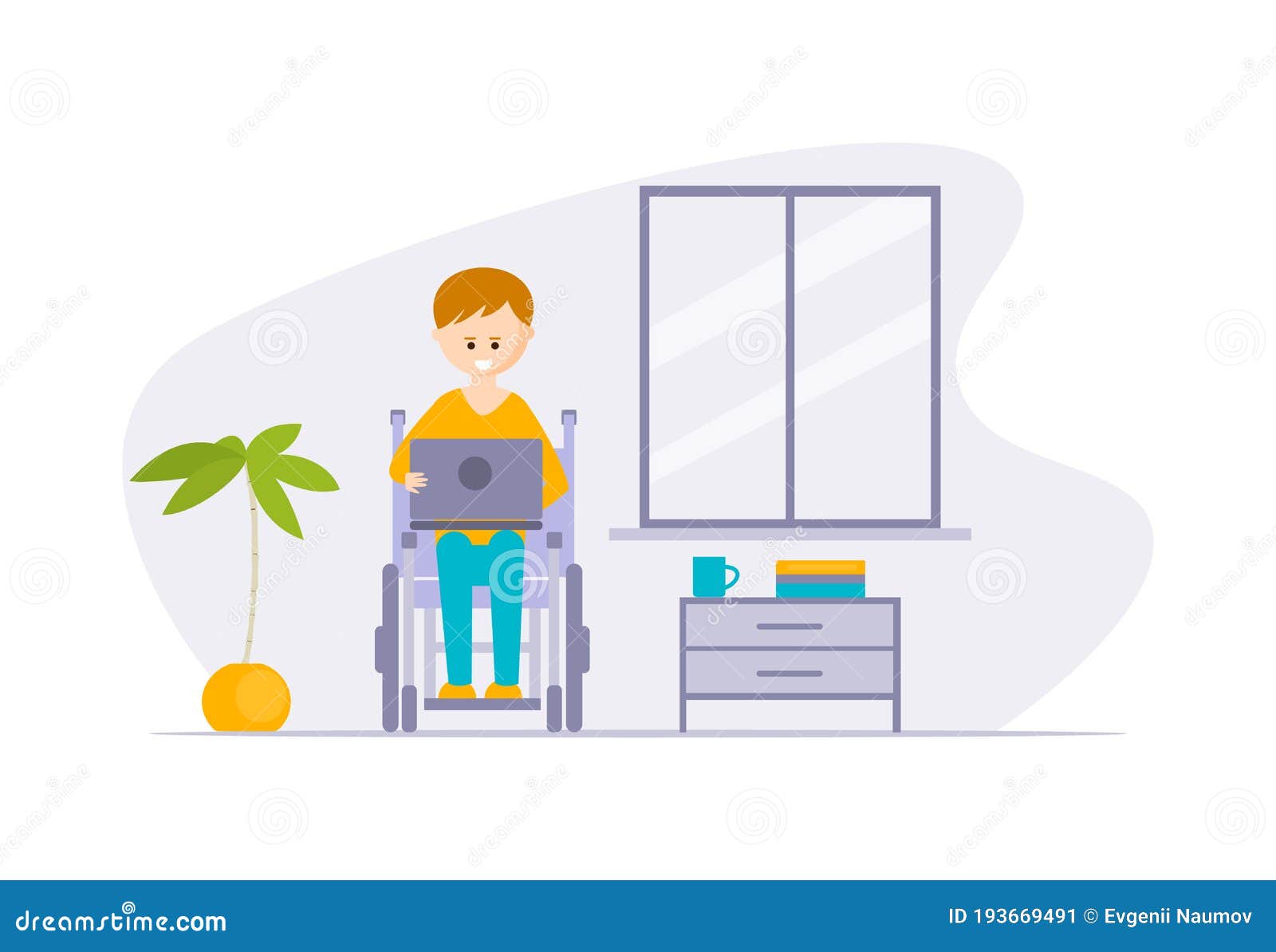Young Disabled Man in Wheelchair Using Laptop Computer at Home Cartoon ...