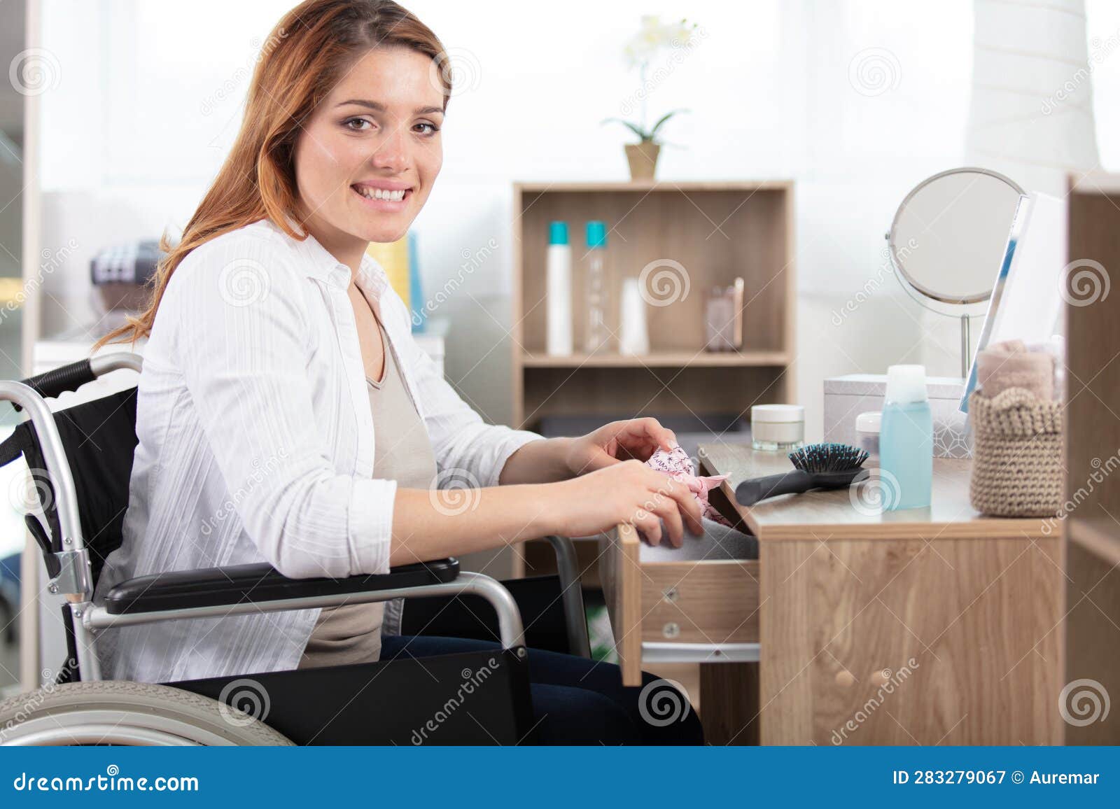 Young Disabled Woman in Wheelchair Doing Make Up Stock Image - Image of ...
