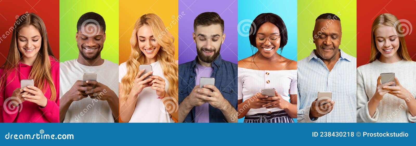 Young Diverse People Using Cellphones Over Different Colored Studio ...