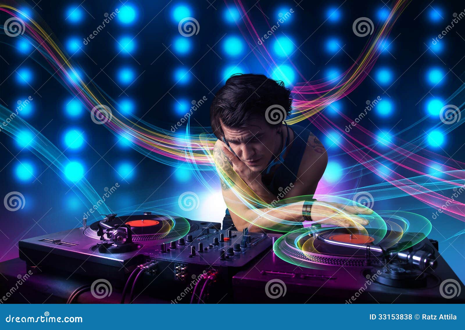 Young Dj Mixing Records with Colorful Lights Stock Photo - Image of ...