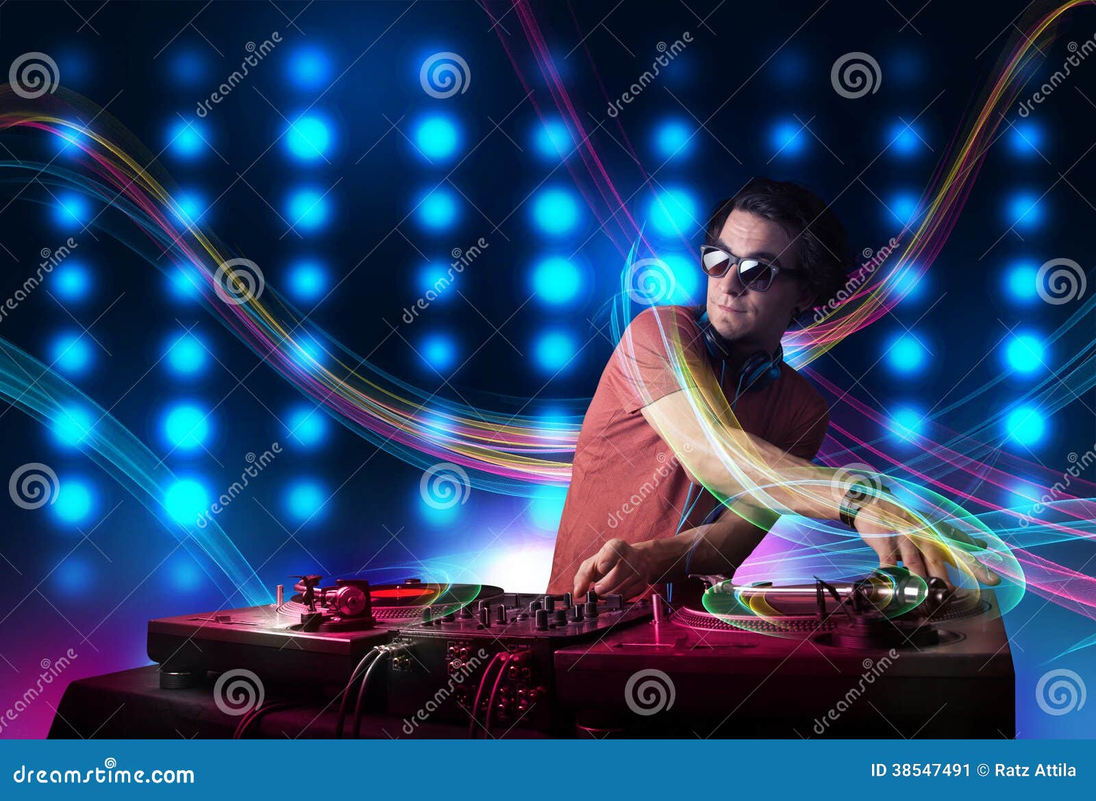 Young Dj Mixing Records with Colorful Lights Stock Illustration ...