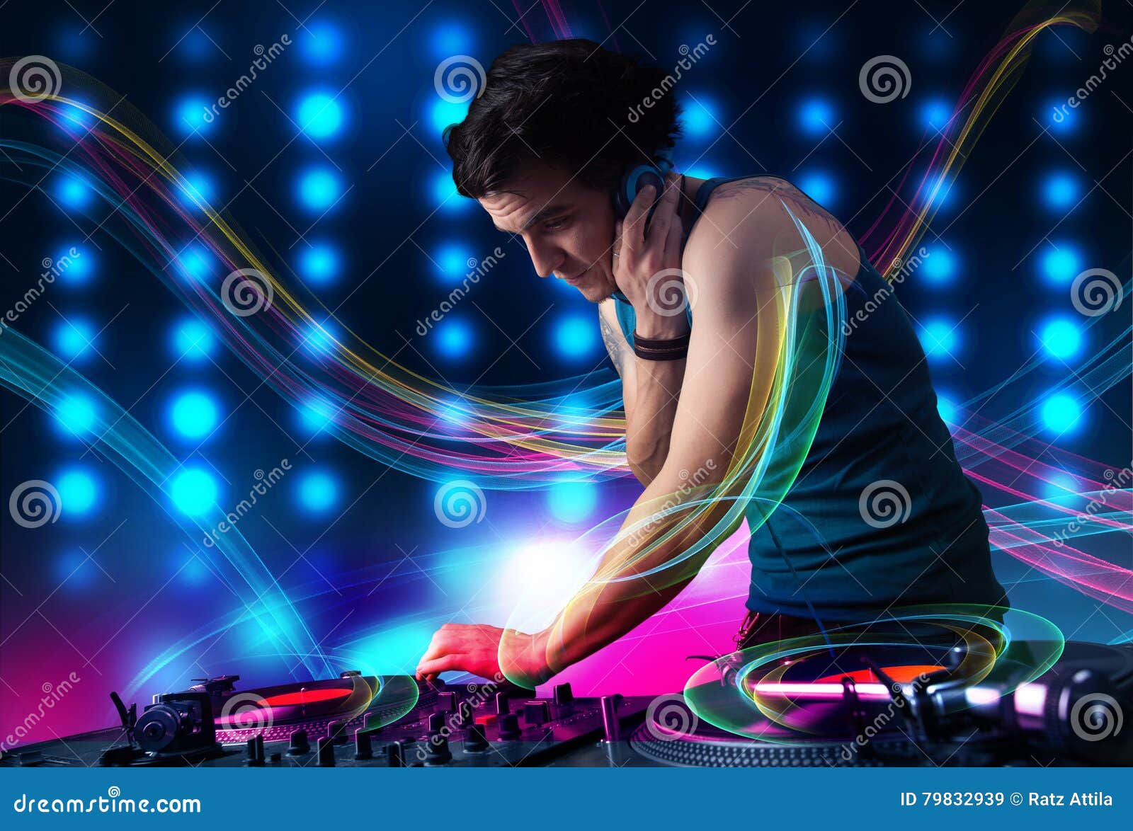 Young Dj Mixing Records with Colorful Lights Stock Image - Image of ...