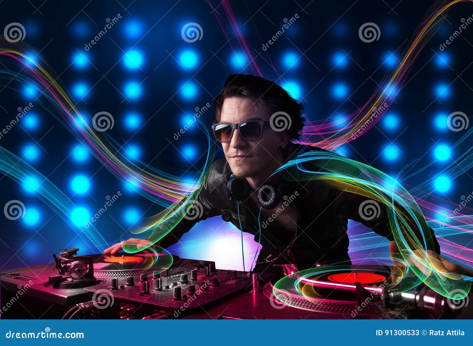 Young Dj Mixing Records with Colorful Lights Stock Illustration ...