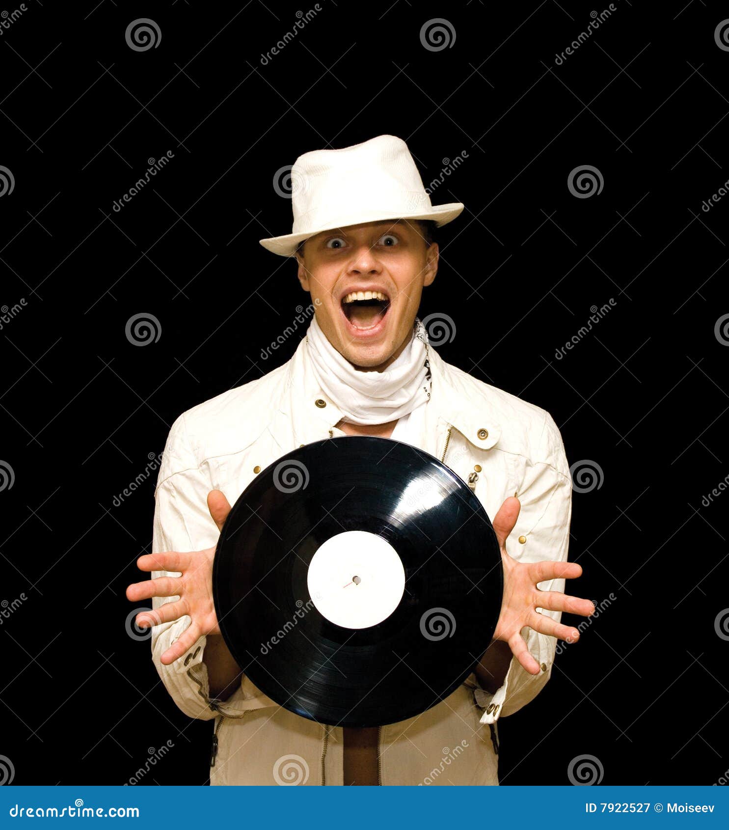 Young DJ in White Costume Holding Vinyl Record in Stock Image - Image ...