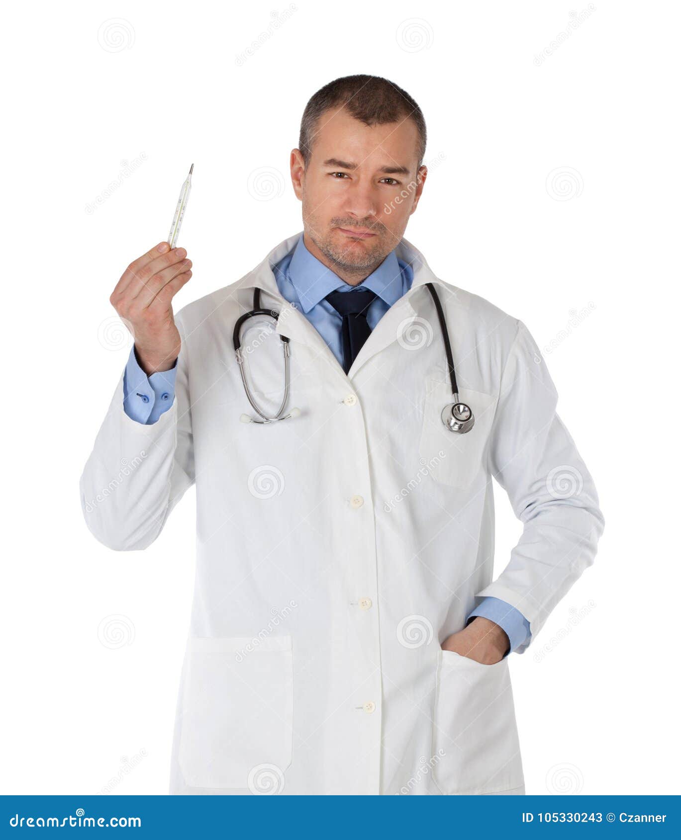 Young Doctor Holding a Thermometer. Isolated on White Background Stock ...