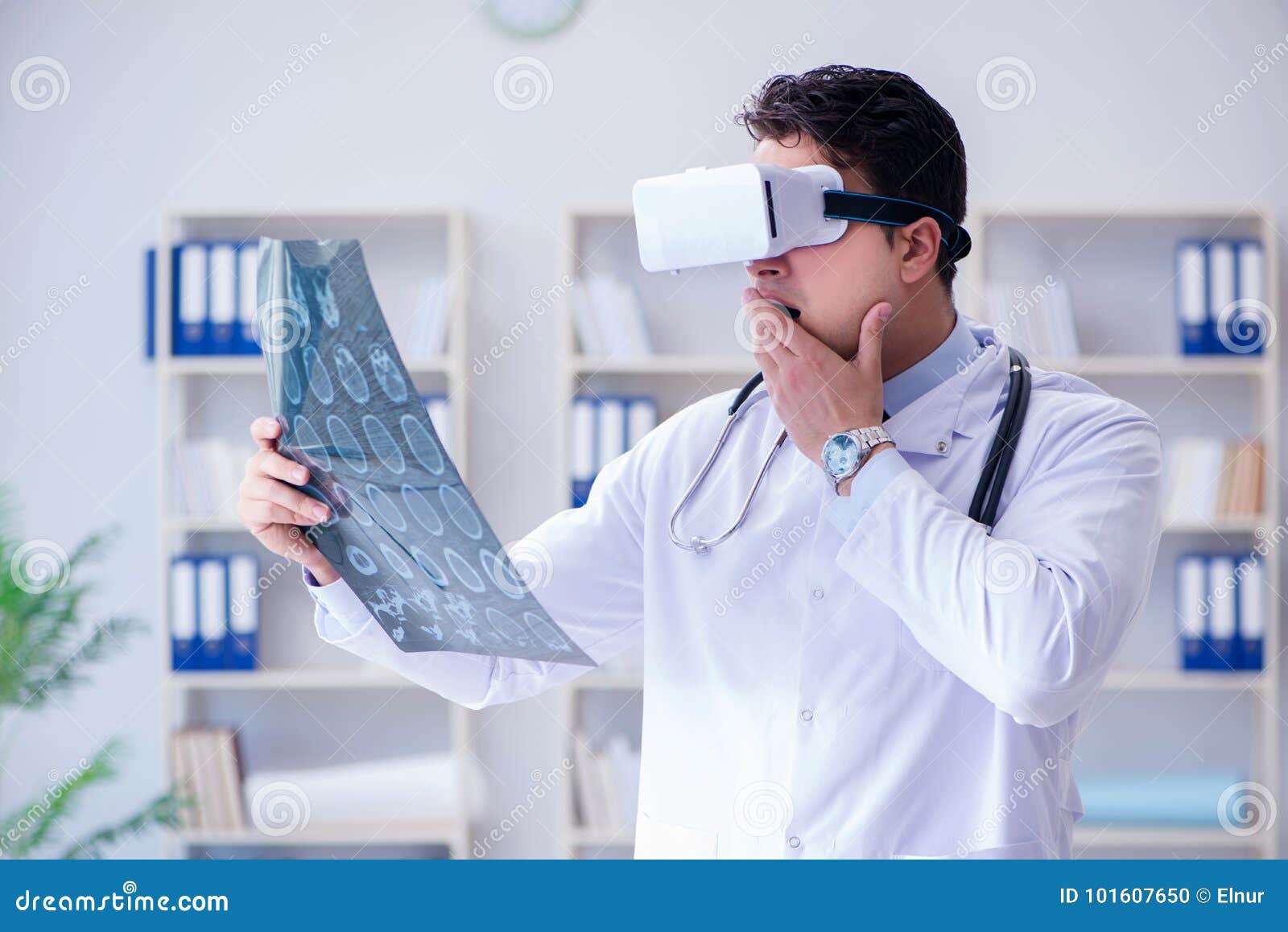 The Young Doctor Looking at Mri Scan through Vr Glasses Stock Photo ...