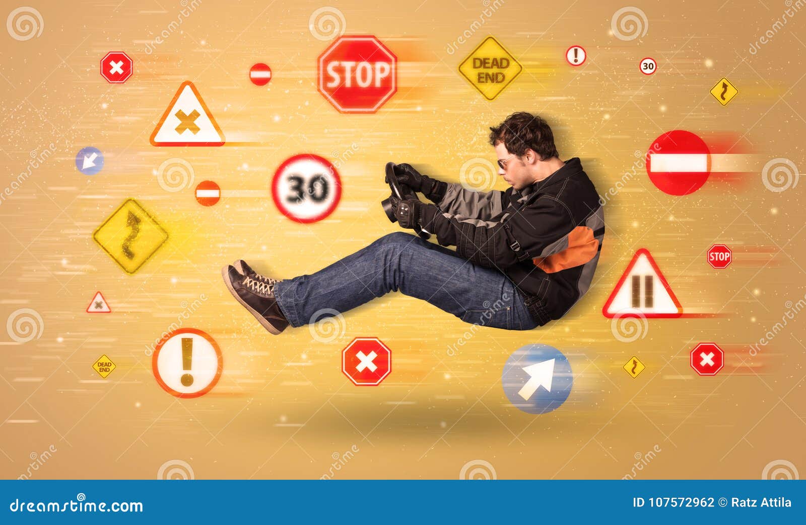 Young Driver with Road Signs Around Him Stock Photo - Image of fast ...