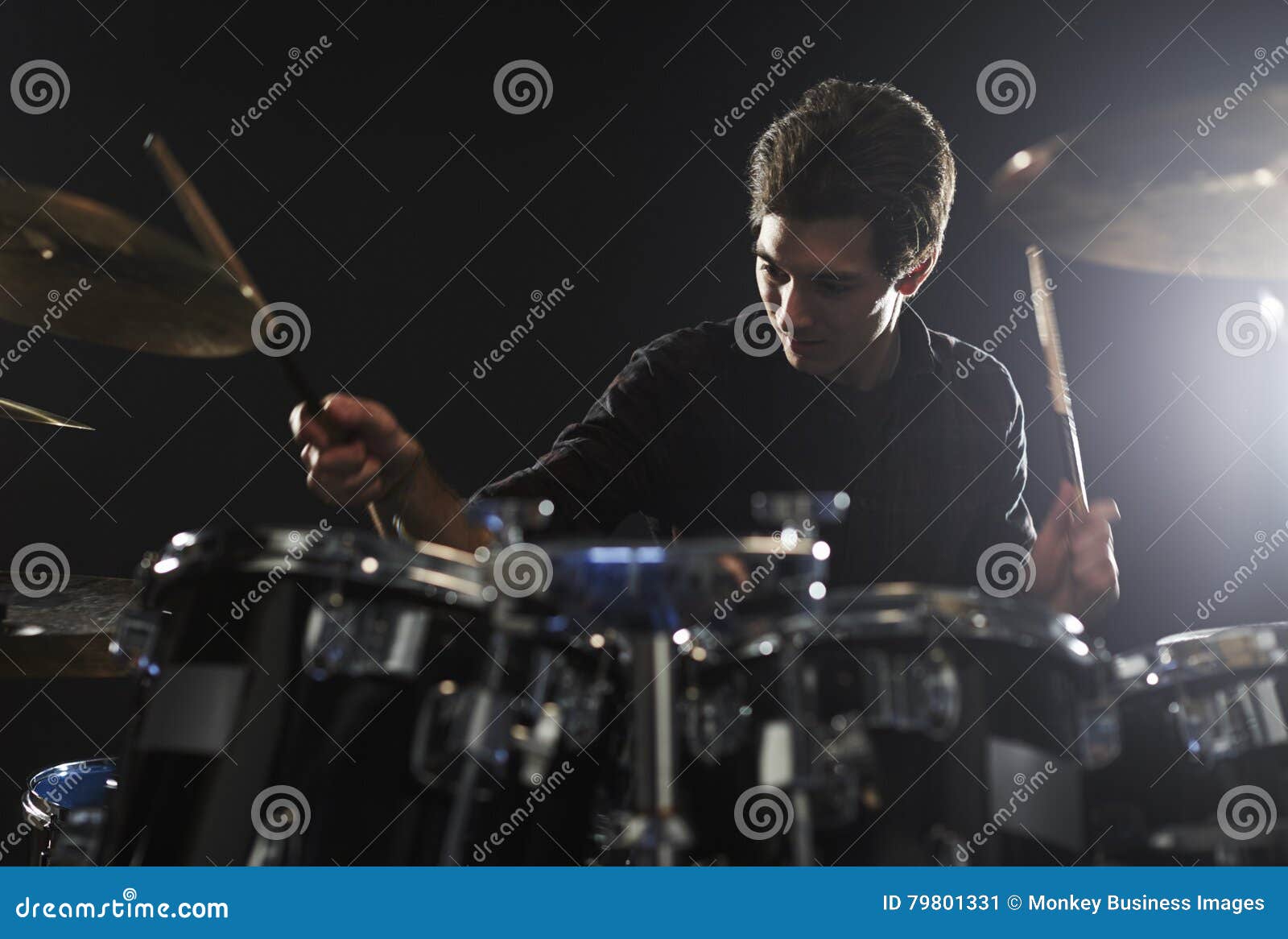 Young Drummer Playing Drum Kit in Studio Stock Image - Image of music ...