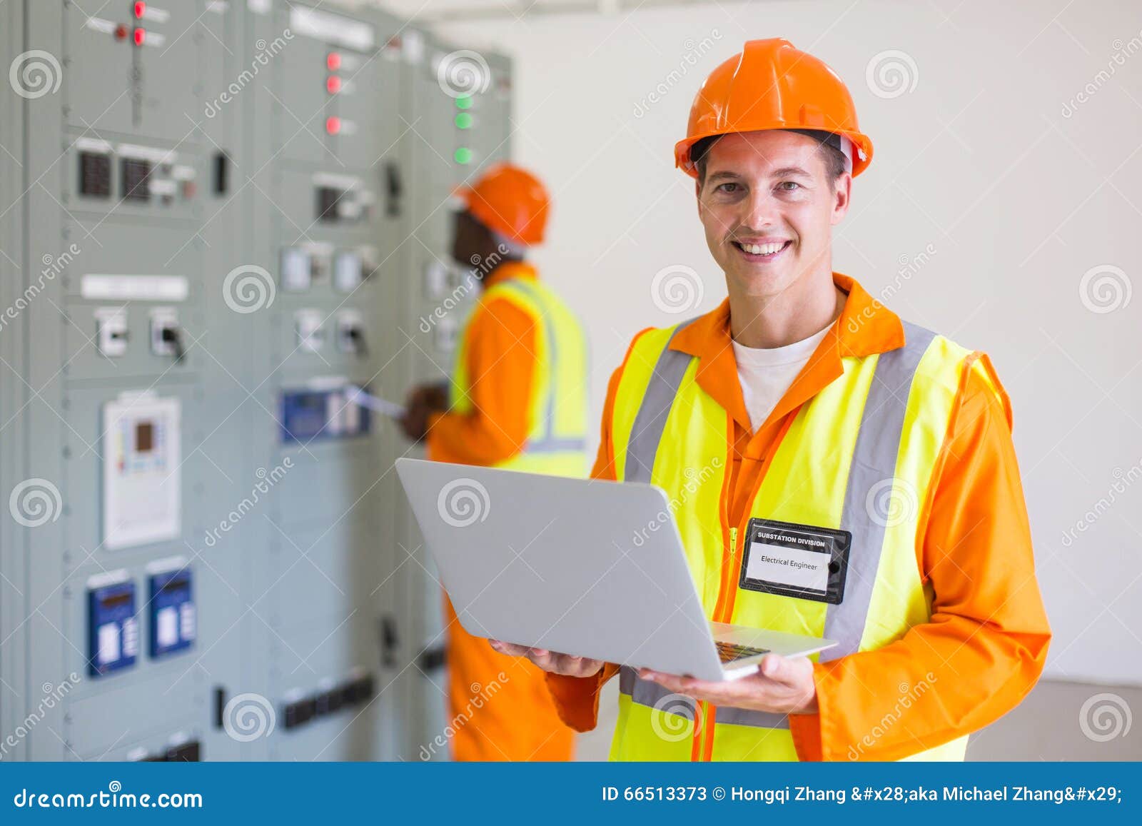 Young Electrician Laptop Computer Stock Image - Image of company ...