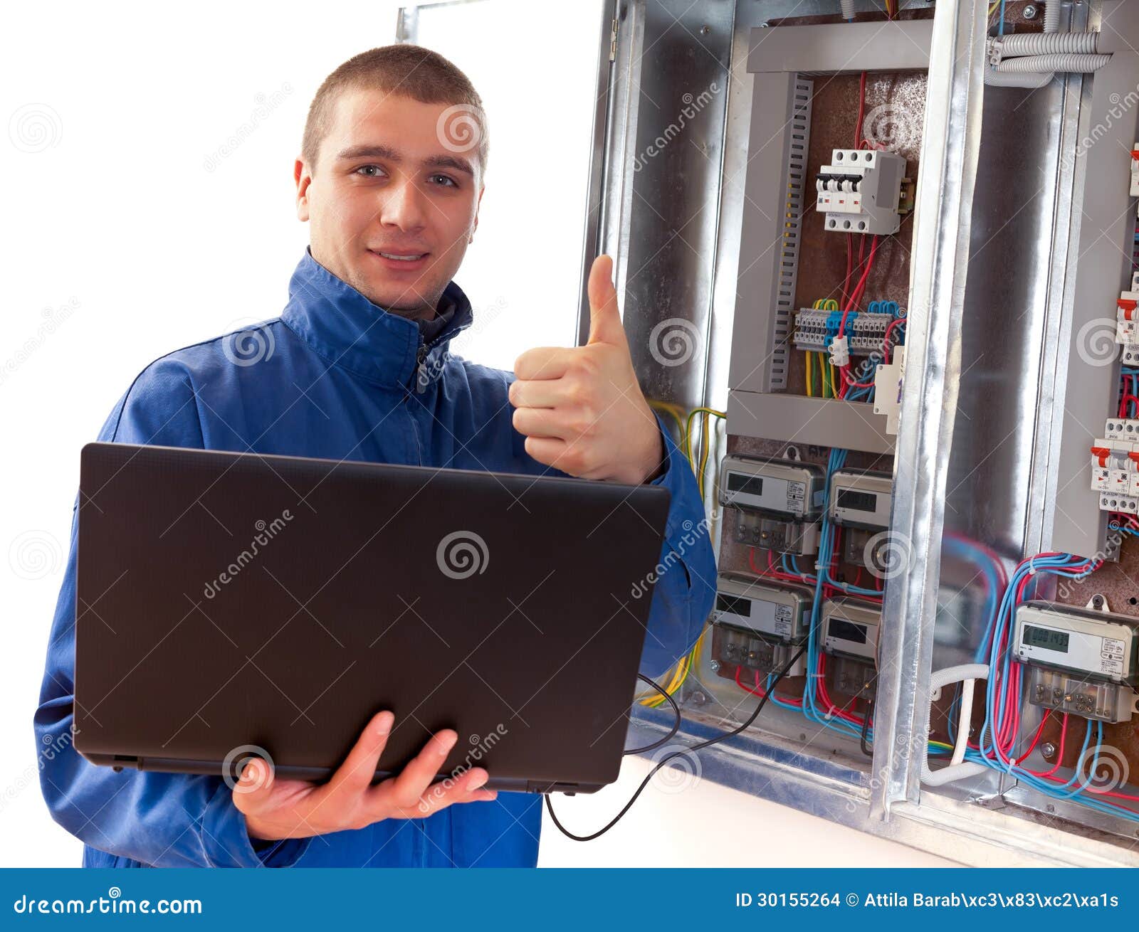 Handyman Working with Laptop Stock Photo - Image of liking, handyman ...