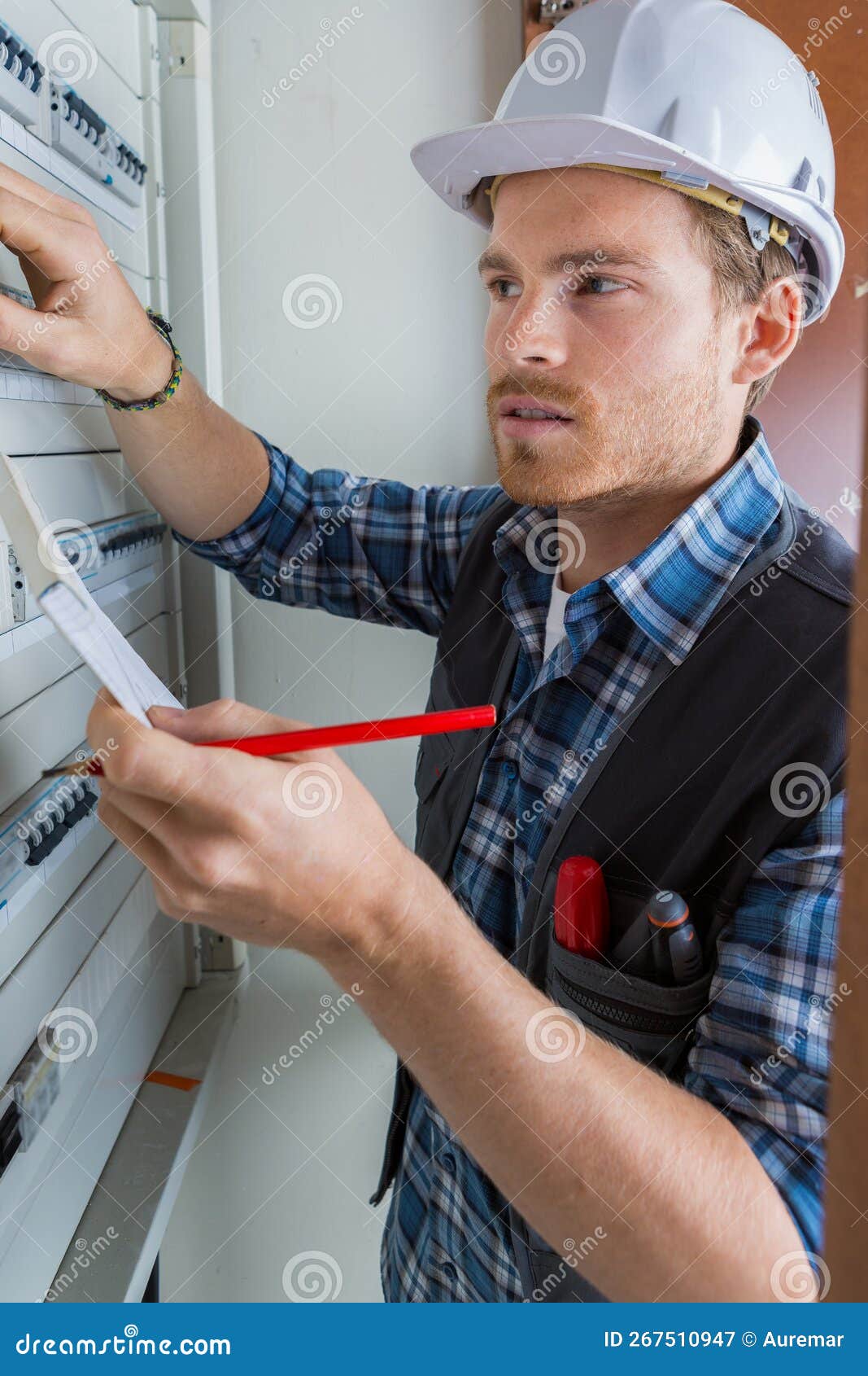 Young Electrician Working on Electric Panel Stock Image - Image of male ...