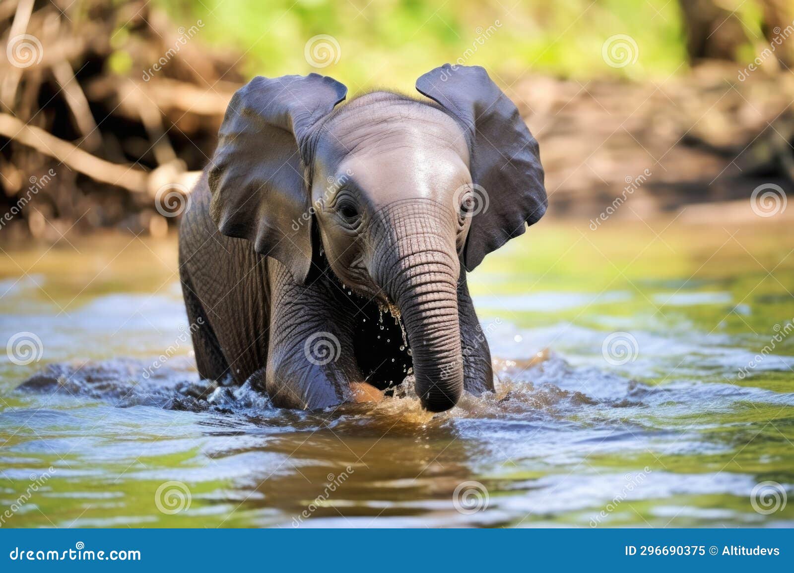 A Young Elephant Exploring a Body of Water for the First Time Stock ...