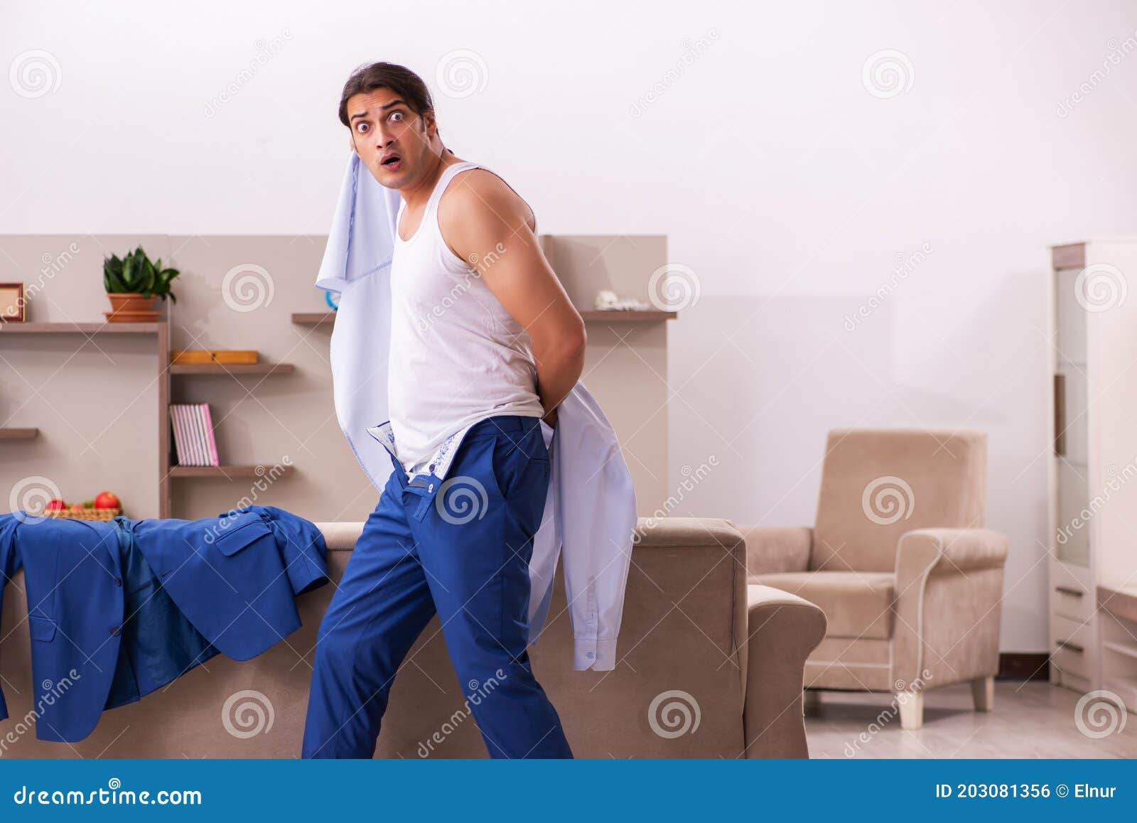 Young Male Employee Getting Up Late at Home Stock Photo - Image of ...