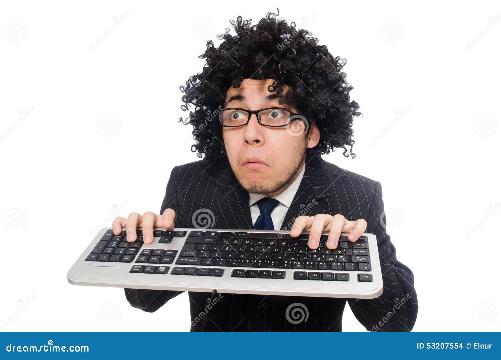 Young Employee with Keyboard Isolated on White Stock Photo - Image of ...
